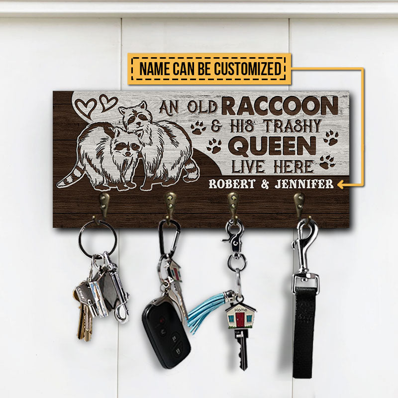 Raccoon Couple Trashy Queen Live Here Personalized Custom Wood Key Hol ...